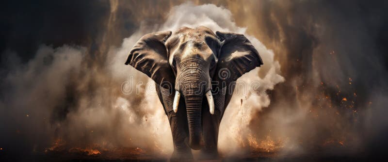 Majestic Elephant Charging through Smoke and Fire Stock Image - Image ...