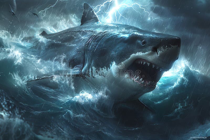 Powerful Dramatic Image of a Giant Shark Emerging from Turbulent Stormy ...