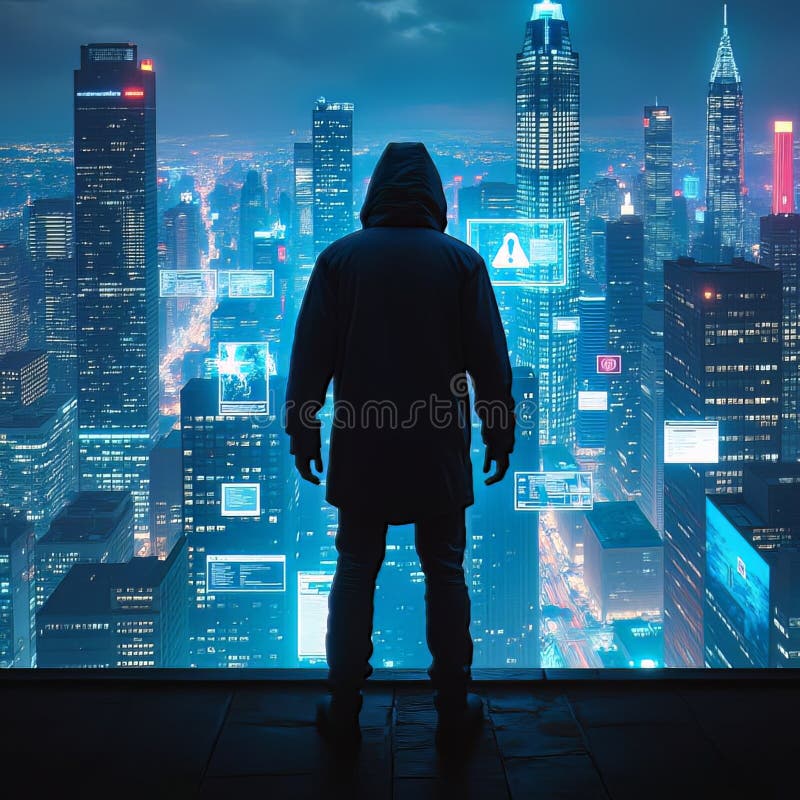 "Hacker Silhouette Overlooking Futuristic City with Digital Interfaces ...