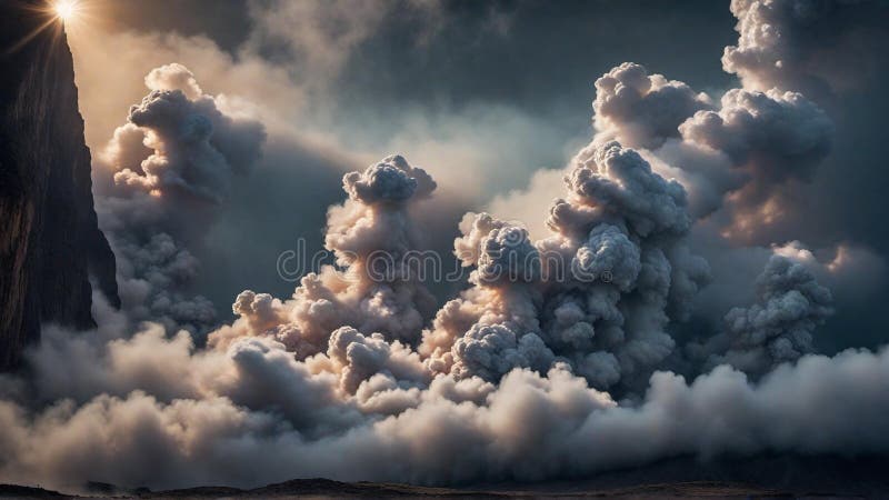 Dramatic Smoke Plumes Rising Against a Cliffside at Sunrise Stock ...