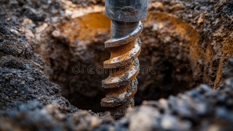 Powerful Drill Bit Boring into Soil during Excavation Work. Stock Image ...