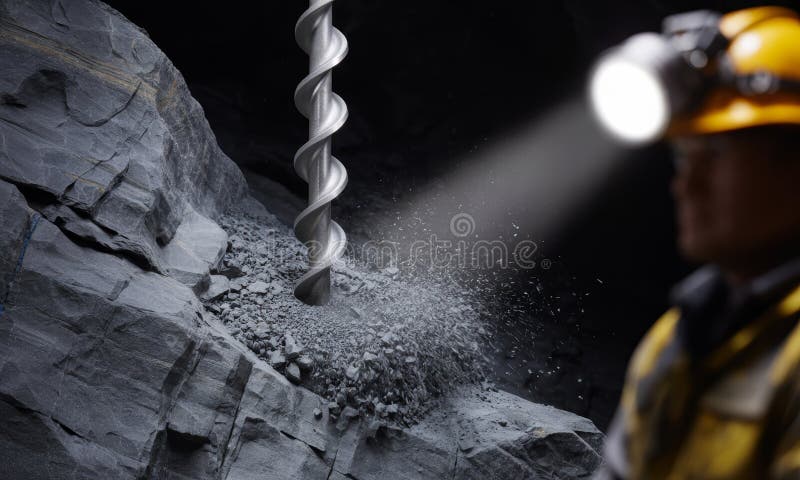 Powerful Drill Bit Penetrating Solid Rock in a Dark Mine with a Miner ...