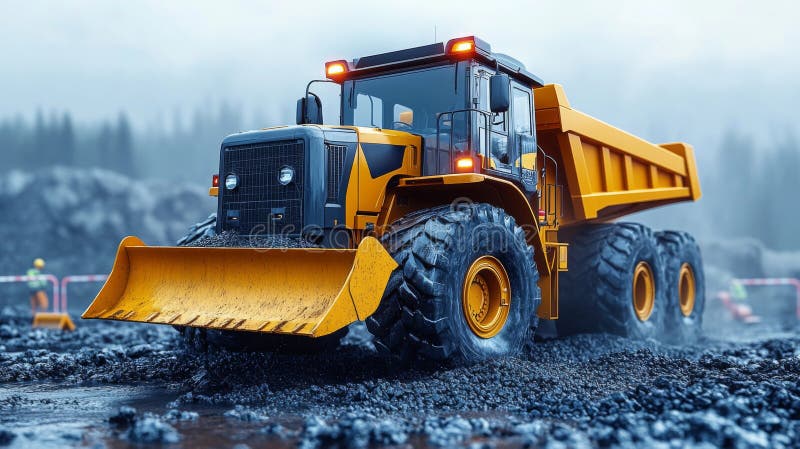 Heavy-duty Dump Truck Working on a Construction Site in a Foggy ...