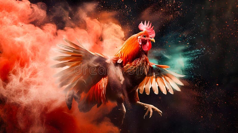 Powerful and Dynamic of a Roaring Rooster in Mid Flight Engulfed in a ...