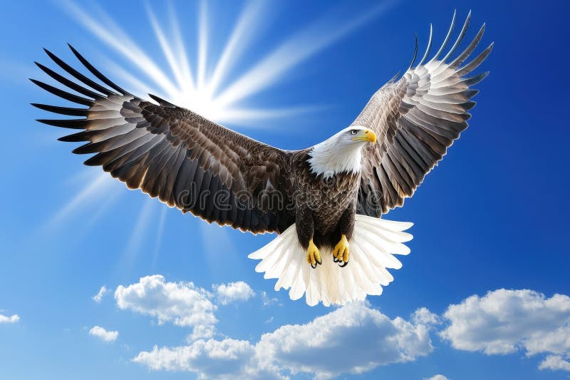 Powerful Eagle Captured in Exaggerated Mid-Flight Against a Bright Blue ...