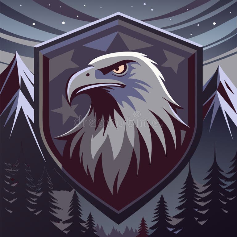 Powerful Eagle Crest with Forest and Shield Design Illustration Stock ...