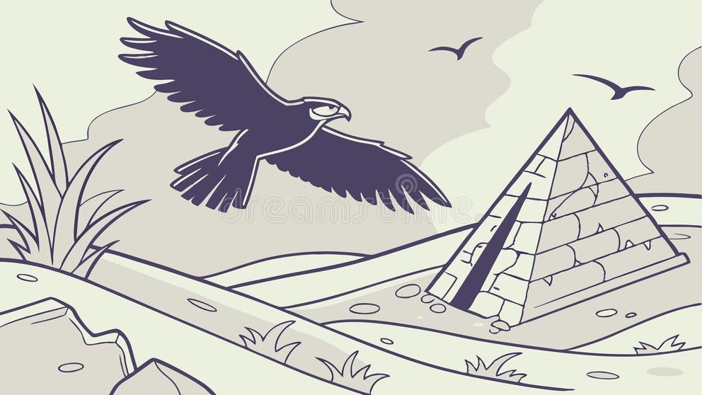 Powerful Eagle Flying Over Desert Landscape with Pyramid, Vector Design ...