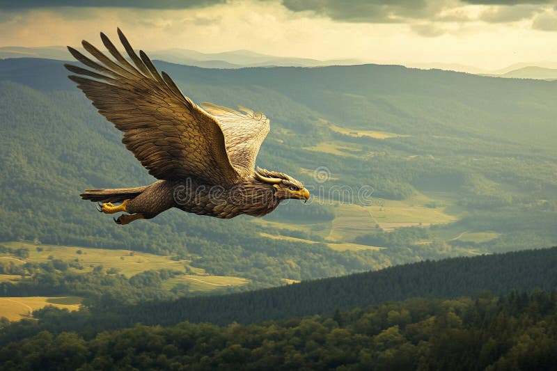 Majestic Eagle Soaring Over a Dramatic Landscape with Mountains and ...