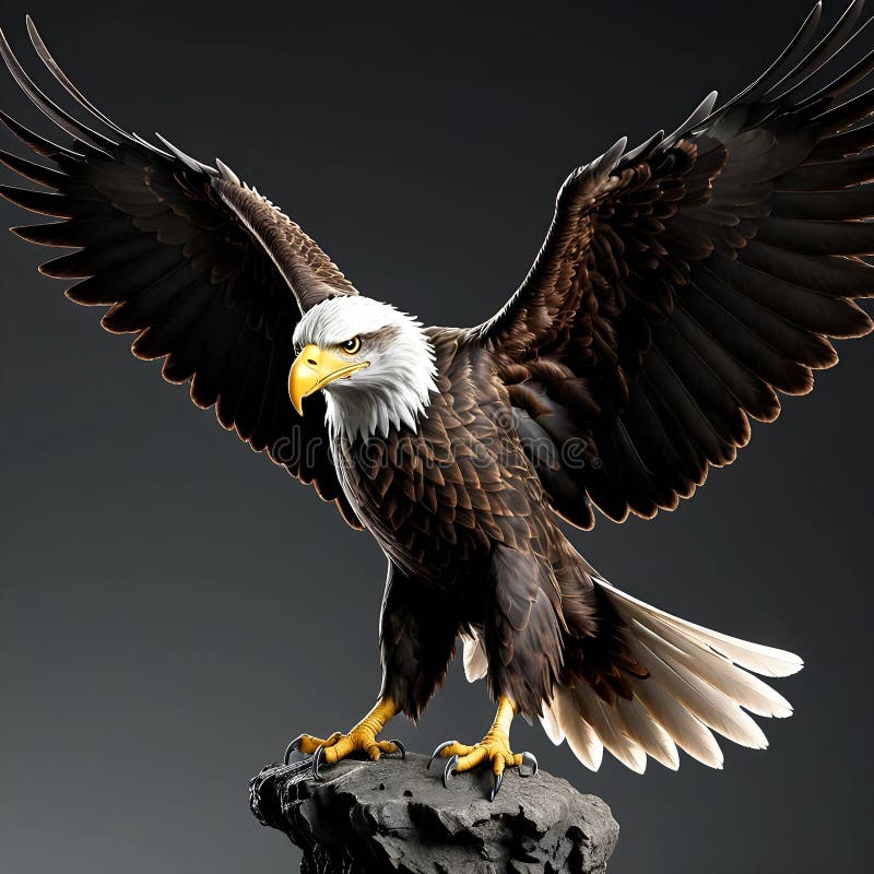 A Powerful Eagle with Outstretched Wings Stands Majestically on a Rock, Showcasing Its Strength ...