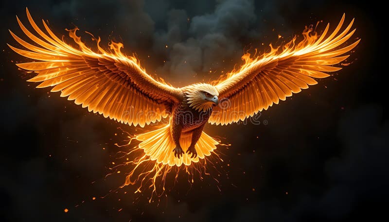 Majestic Fiery Eagle Soaring with Wings Ablaze Against Dark Back Stock ...