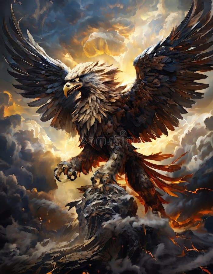 Majestic Eagle Soaring with Wings Spread Against Stormy Clouds Stock ...