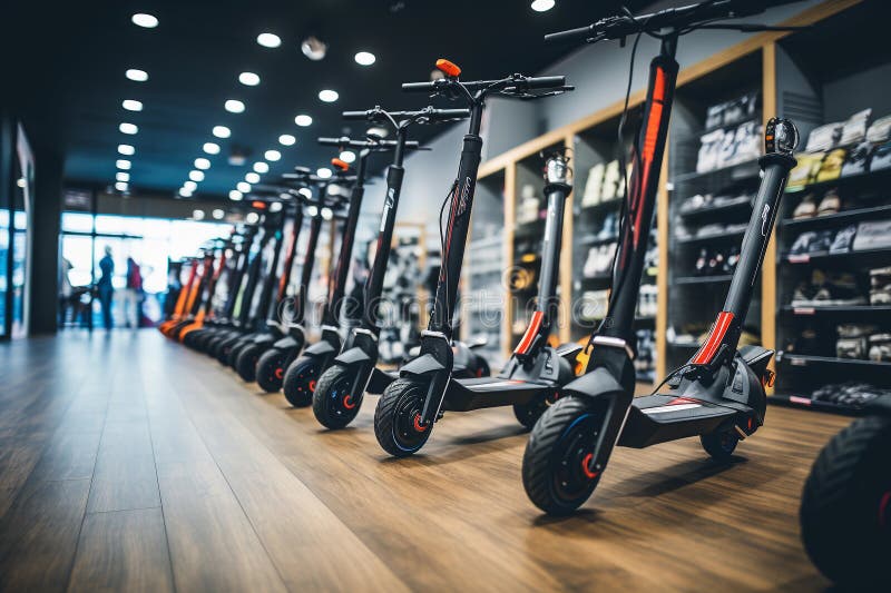 Powerful Electric Scooters Stand in a Row in the Store Stock Photo ...