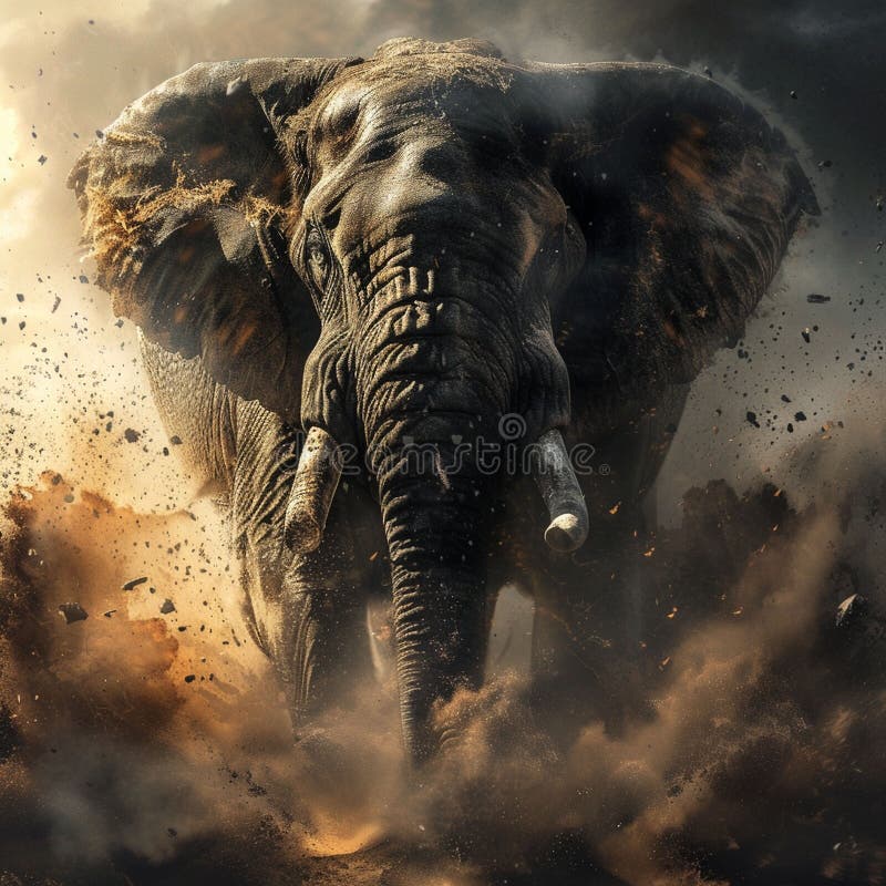 A Powerful Elephant Emerges through a Cloud of Dust and Debris. Stock ...