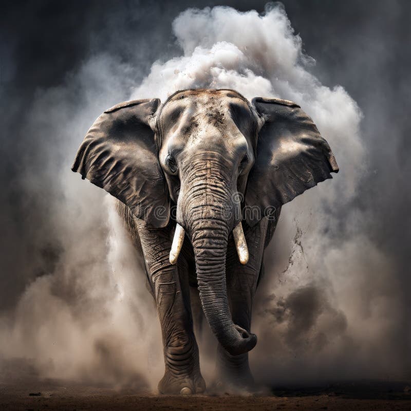 Majestic Elephant Emerging from a Cloud of Dust Stock Image - Image of ...