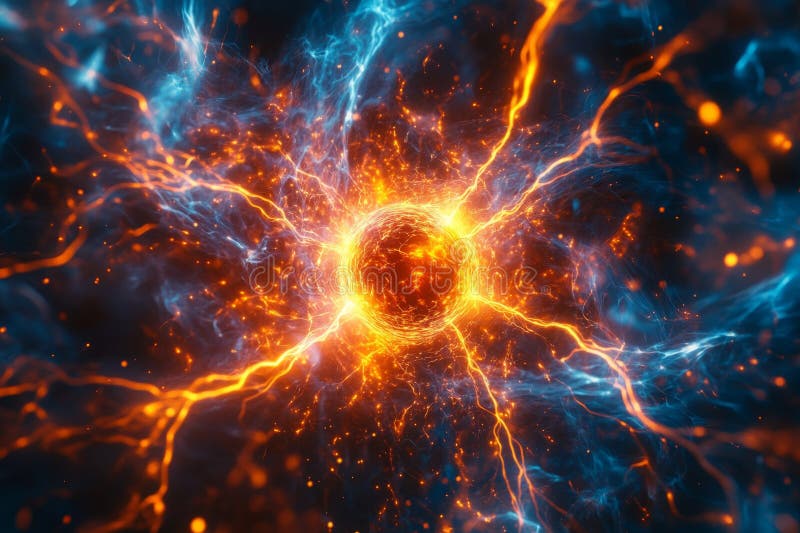 Powerful Energy Sphere Exploding with Orange and Blue Plasma Filaments ...