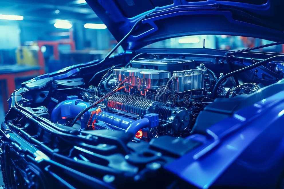 Powerful Engine Viewed Inside a Modified Blue Sports Car at a Workshop ...