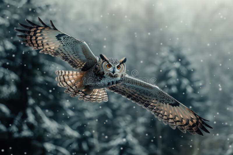Powerful Eurasian Eagle-owl Flying in Snowy Forest Stock Photo - Image ...
