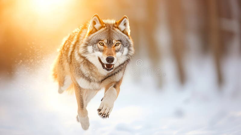 Powerful Eurasian Wolf Sprinting through Snow-covered Forest, Sunset ...