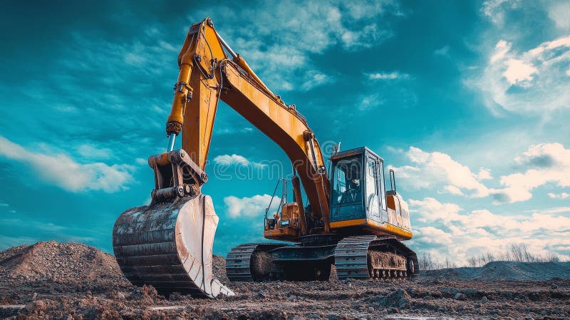 Powerful Excavator on Construction Site with Blue Sky an Excavator is ...