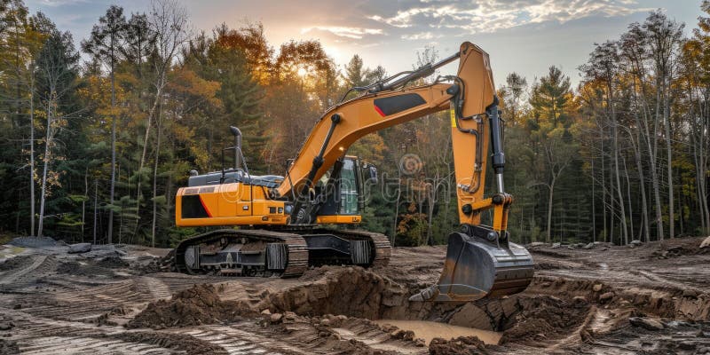 Powerful Excavator Digging Deep into the Ground at an Active Construction Site. Heavy Machinery ...