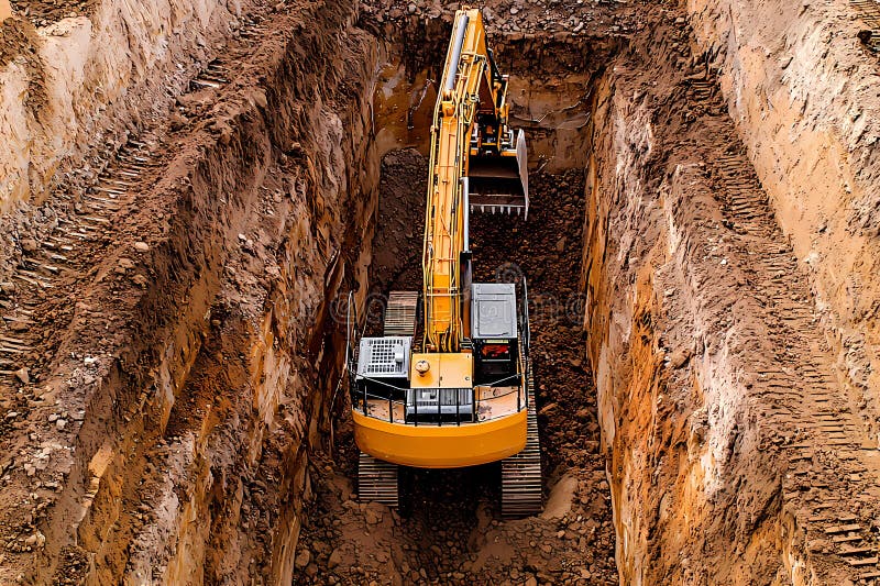 Excavator Digging Deep Trench in Construction Site Stock Photo - Image ...