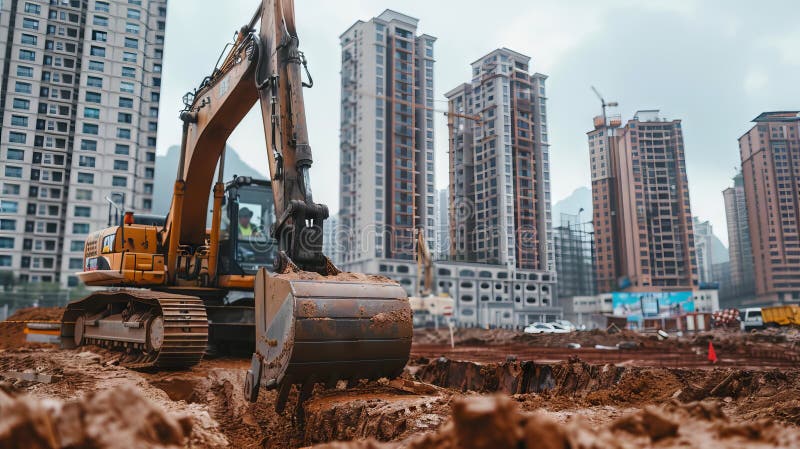 Powerful Excavator Digging Large Foundation Hole in Urban Construction Site, Symbolizing ...