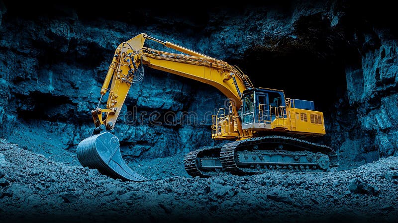A Powerful Excavator Working in a Dark Quarry, Showcasing Heavy ...