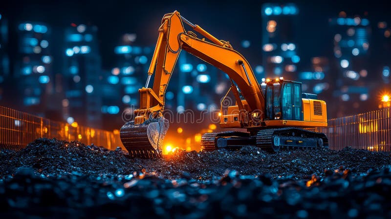 A Powerful Excavator Working at Night in an Urban Construction Site ...