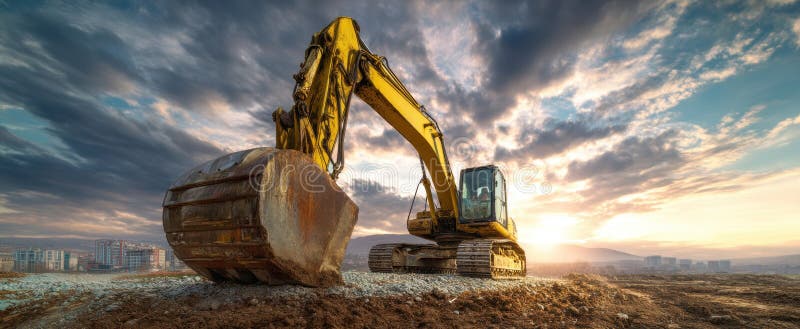 The Powerful Excavator Working Under a Dramatic Sunset Sky at a ...