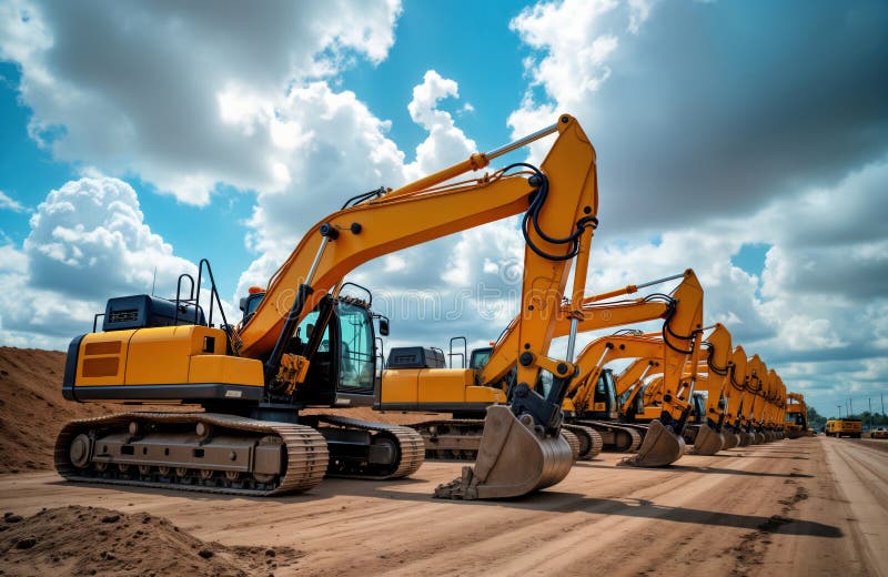 Powerful Excavators Line Up on Construction Site Under Partly Cloudy ...