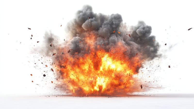 Powerful Explosion with Billowing Smoke and Flying Debris on White ...