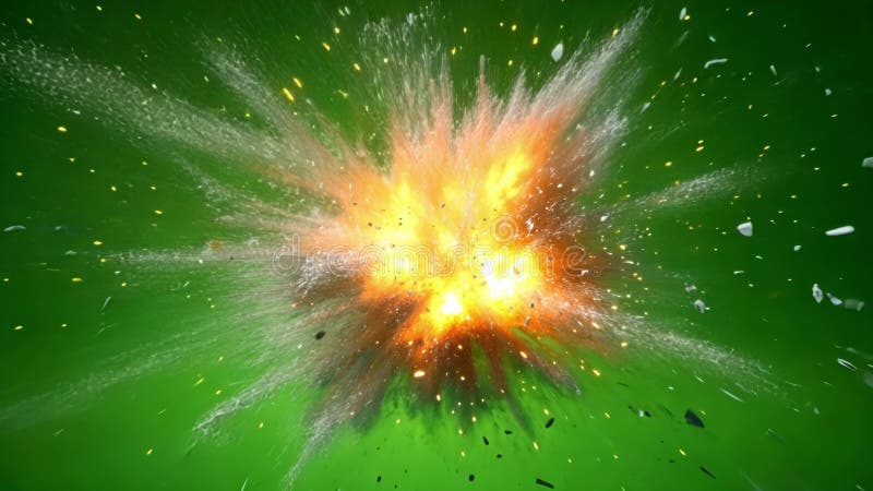 Powerful Explosion with Debris Flying on Green Screen Background Stock ...