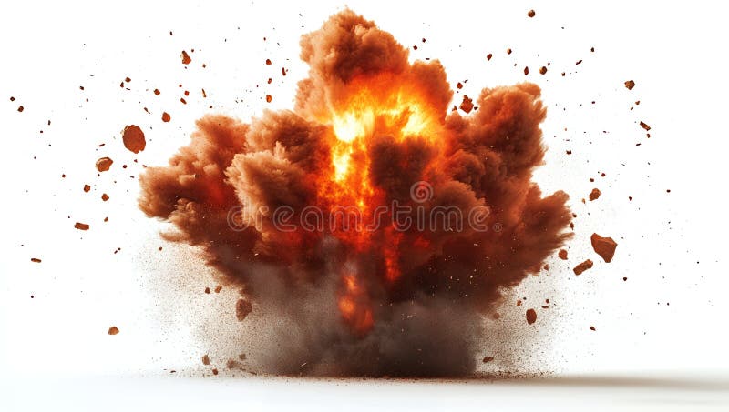 Powerful Explosion with Debris and Fireball Isolated on White ...