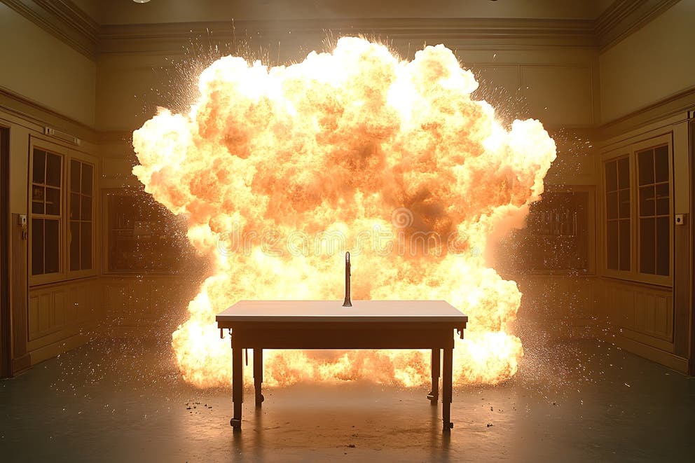 Dramatic Explosion Behind Table in Laboratory Setting for Action Scenes ...