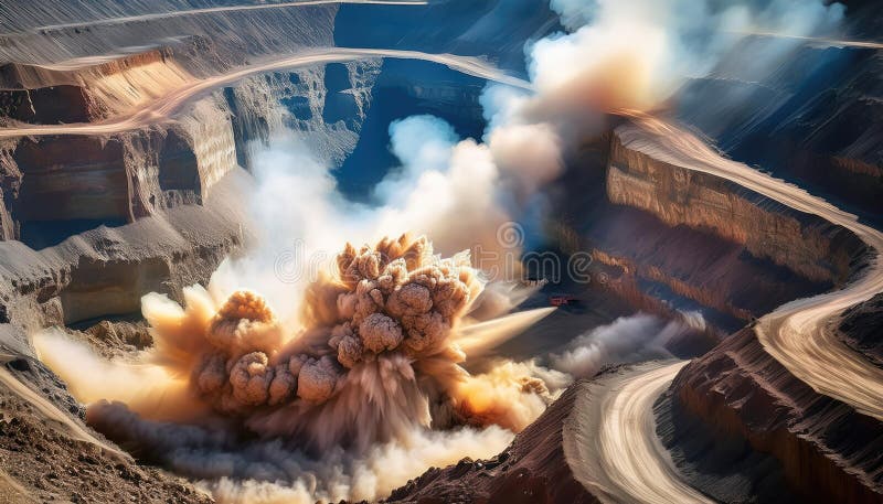 A Powerful Explosion at a Mining Site with Dust and Rocks Flying Stock ...
