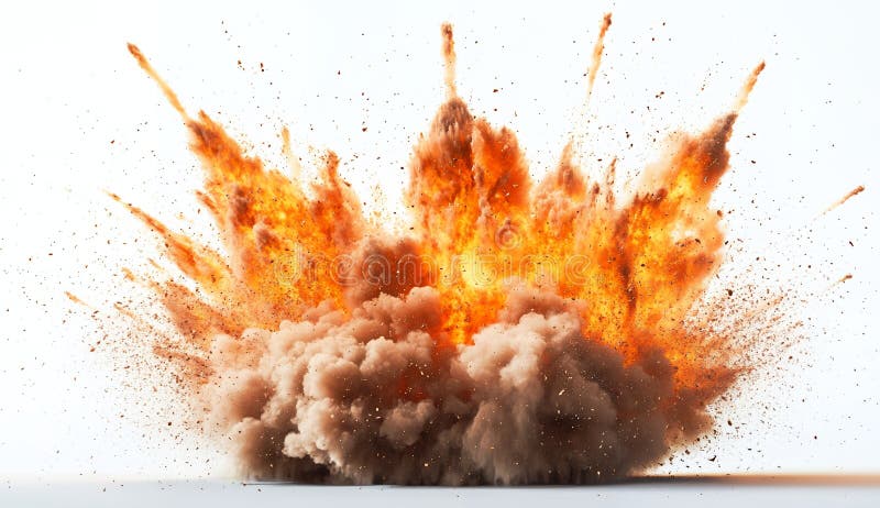 Powerful Explosion with Orange Fireball and Brown Dust Cloud Isolated ...