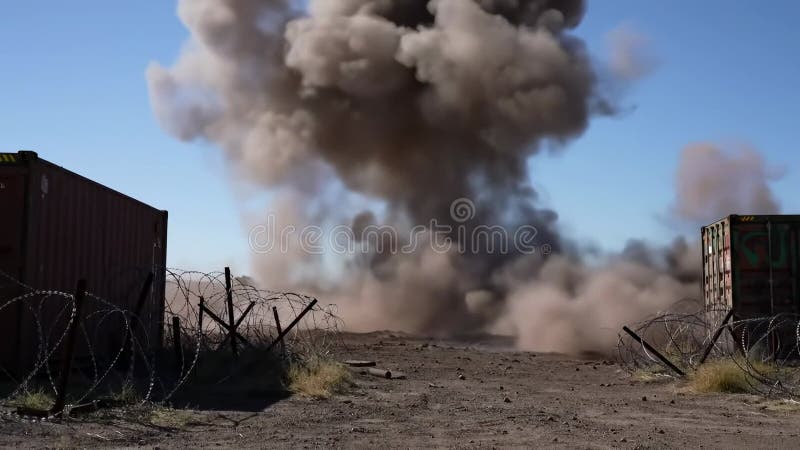 Powerful Explosion with Smoke and Debris between Shipping Containers ...