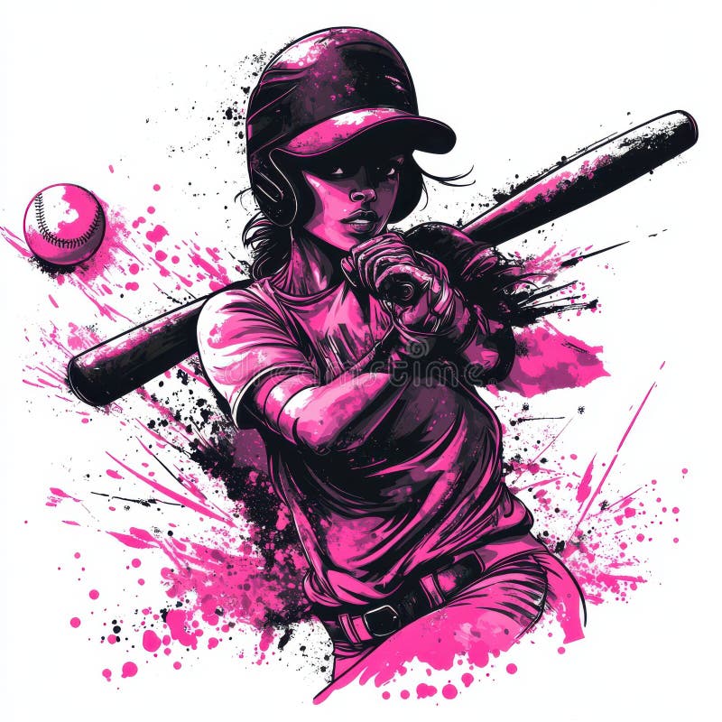 Powerful Female Baseball Player Batting Pink Splash Art Stock ...