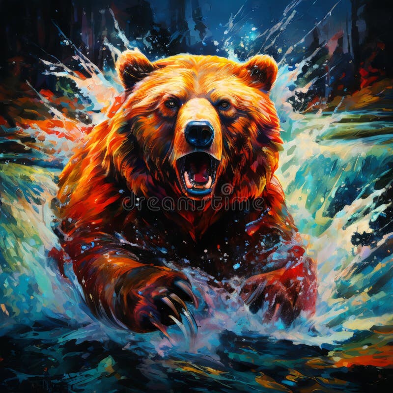 Ferocious Bear Charging through Water in Intense Action Scene Stock ...