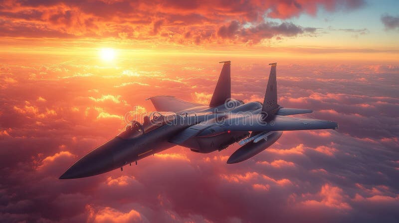 F-15 Fighter Jet Flying through the Sunset Sky with Clouds Stock ...