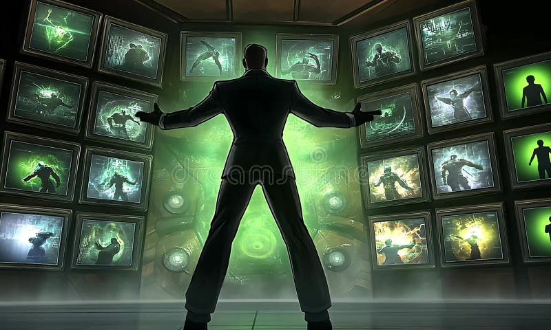 Powerful Figure Standing before a Glowing Wall of Character Selections ...