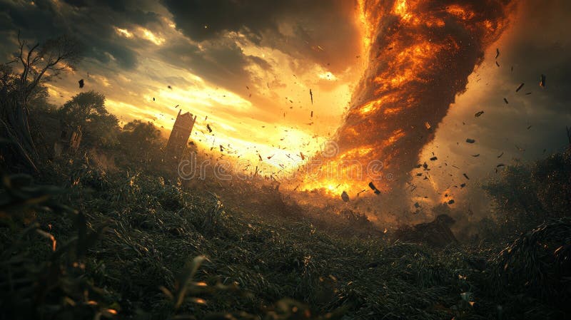 Fire Tornado Destroying Everything in the Countryside at Sunset Stock ...