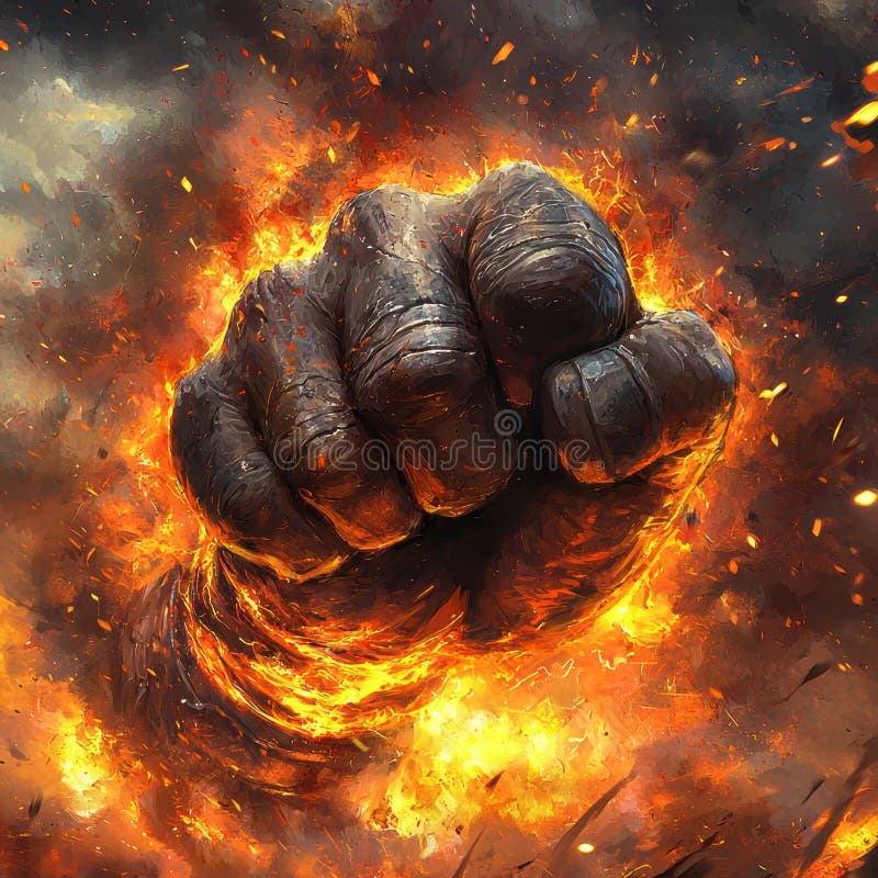 Powerful Fist Emerging from Flames in a Dramatic Display of Strength ...