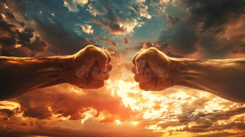 Powerful Fists Clashing Together Against a Beautifully Dramatic Sunset ...