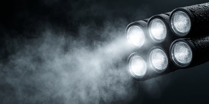 Powerful Flashlight Beams Shining through Smoke, Illuminating a Dark ...