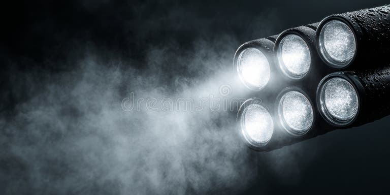 Powerful Flashlight Beams Shining through Smoke, Illuminating a Dark ...