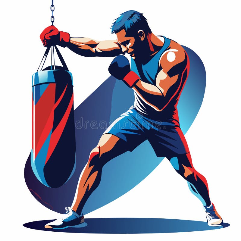 Powerful Flat Illustration of a Male Boxer Training with a Punching Bag ...