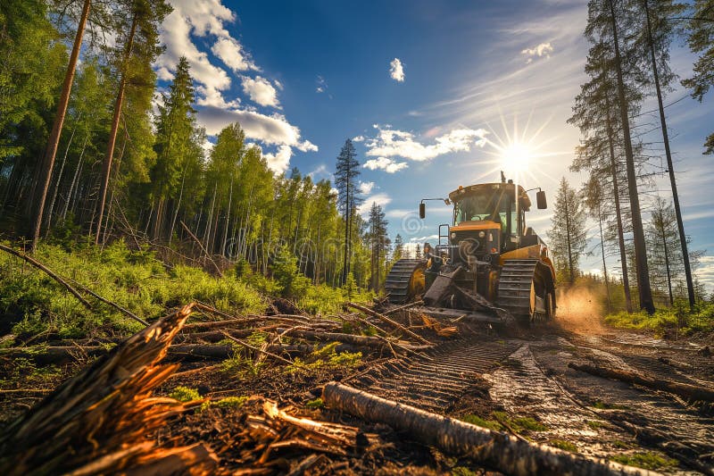 A Powerful Forest Harvester Clearing Trees in a Dense Forest on a Sunny ...