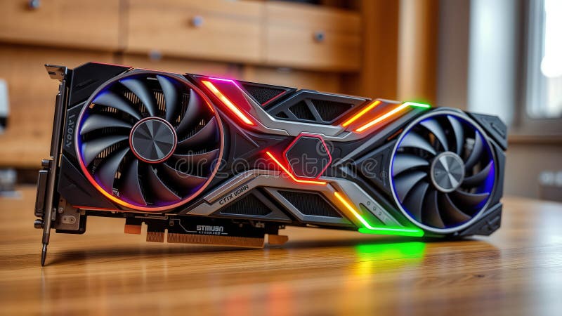 Powerful Gaming Graphics Card with LED Lights on Display Stock ...
