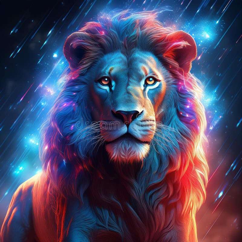 Powerful Glowing Lion with Blue and Red Sparks Stock Illustration ...